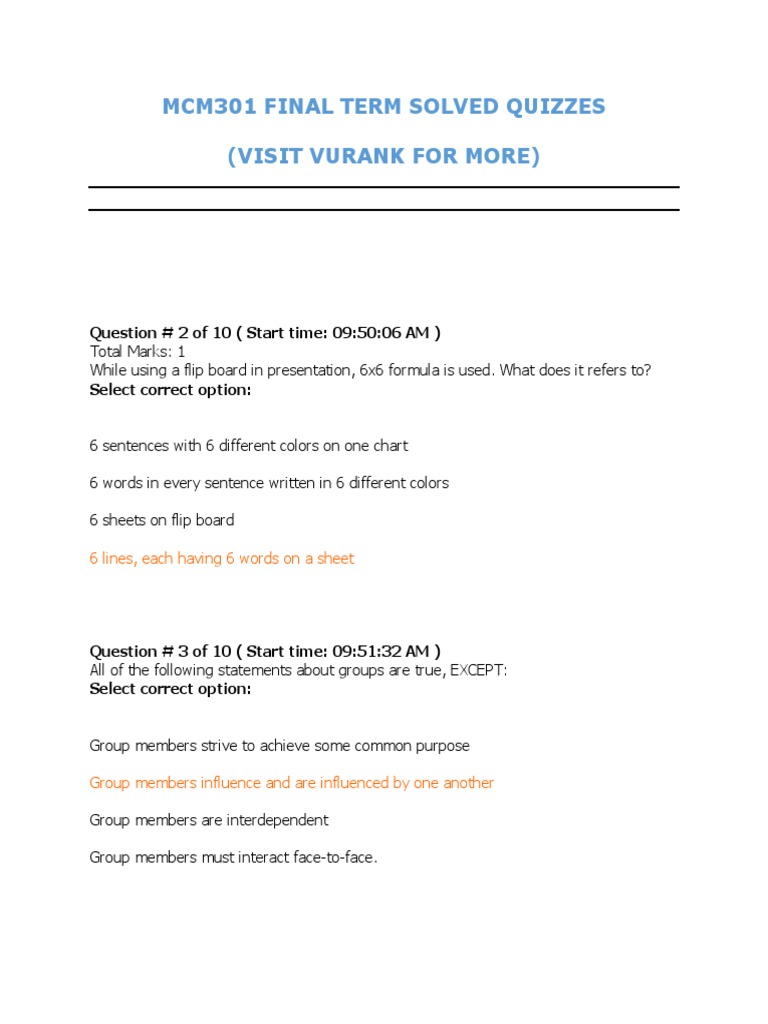 Mcm301 Final Term Solved Quizes | PDF | Question | Communication