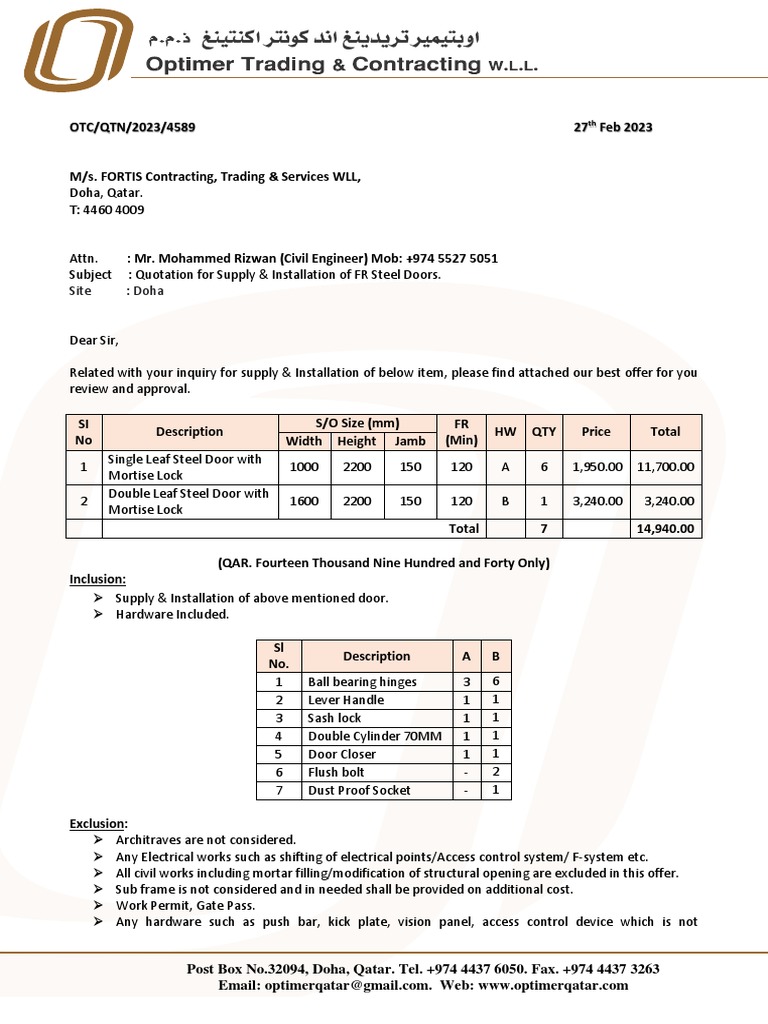 Quotation for Steel Doors | PDF | Door