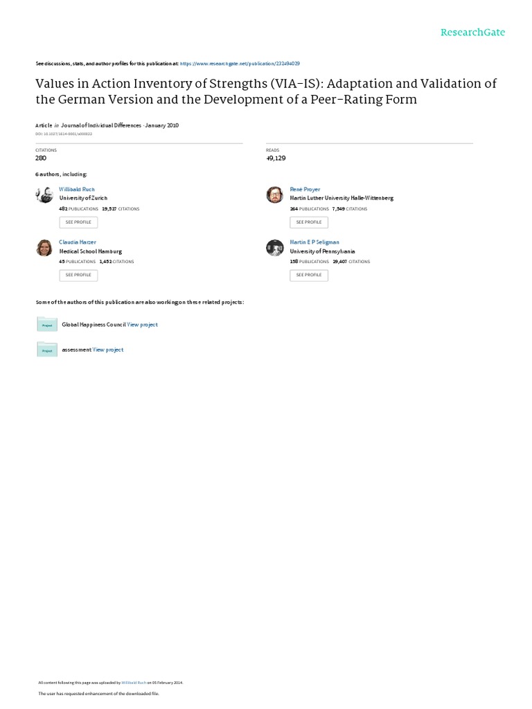 Values in Action Inventory of Strength | PDF | Positive Psychology | Virtue