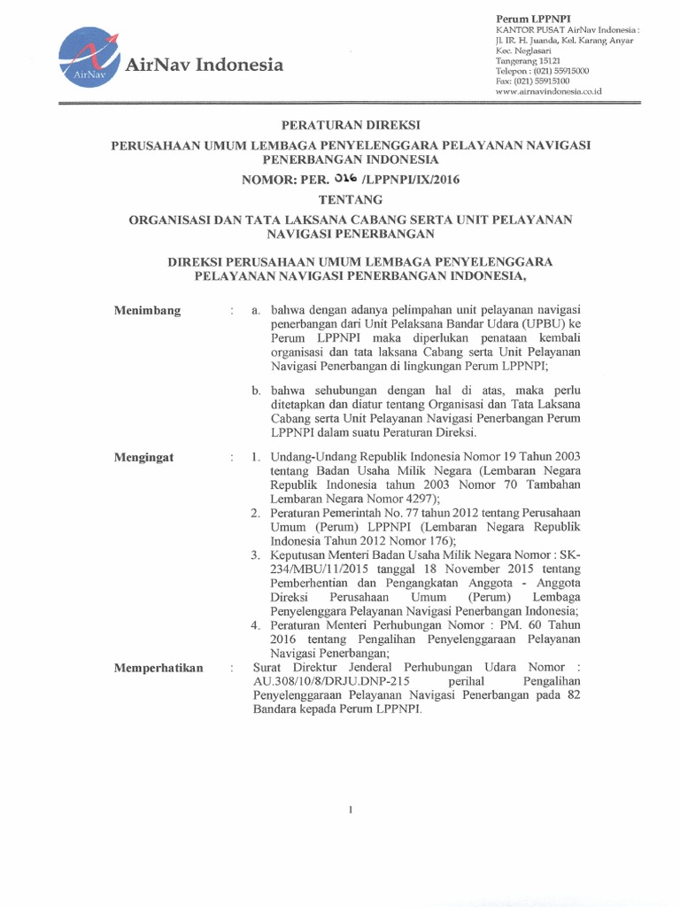 Per.016 Tentang Otk Cabang Dan Unit-1, Struktur Baru Airnav | PDF