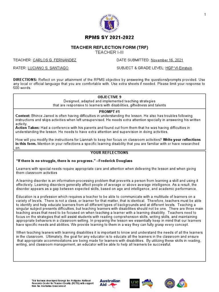 Jacq - Canlas - Teacher Reflection Form For T I-III For RPMS SY 2021 ...