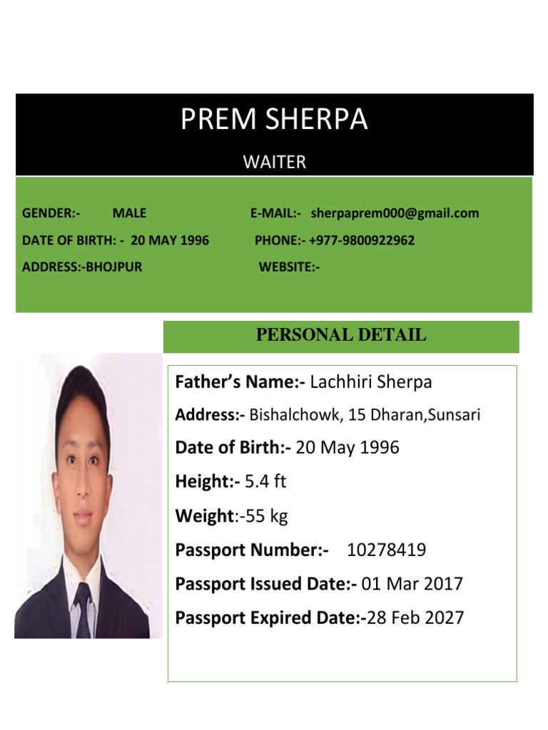 Prem Sherpa | PDF | Waiting Staff | Food And Drink