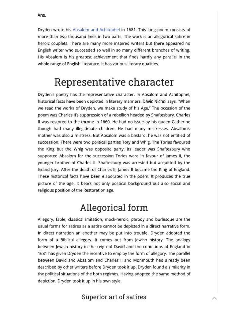 Criticaal Appreciation of Absalom and Achitophel | PDF