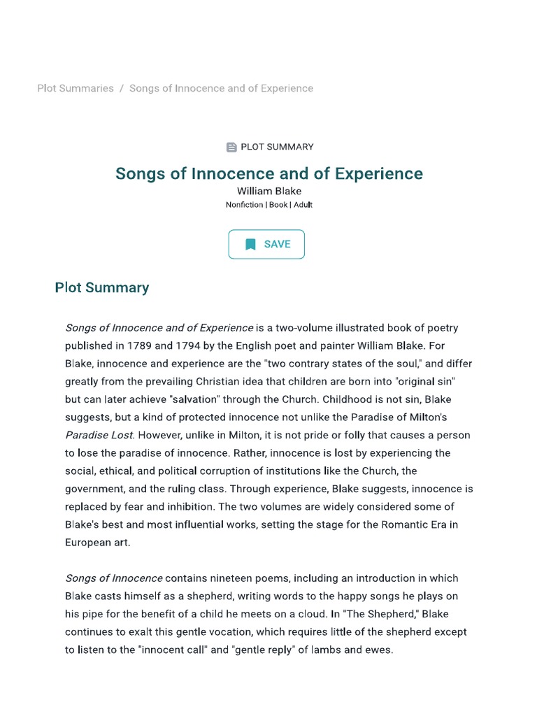 Summary Songs of Innocence and Experienc | PDF