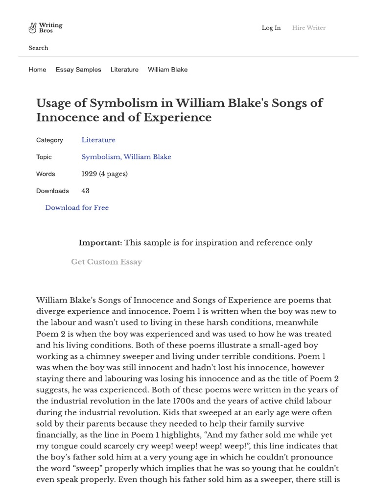 Symbolism in Songs of Innocence and Experience | PDF