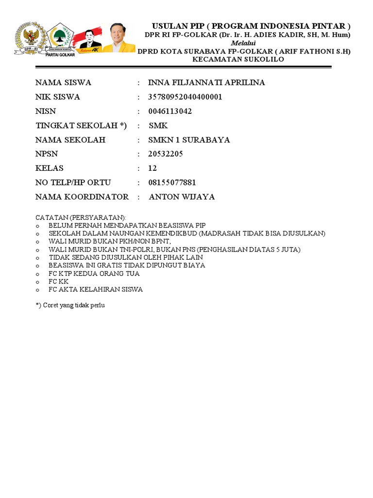 Formulir Usulan Pip - Ta 2023 - Kec Sukolilo (Inna) | PDF