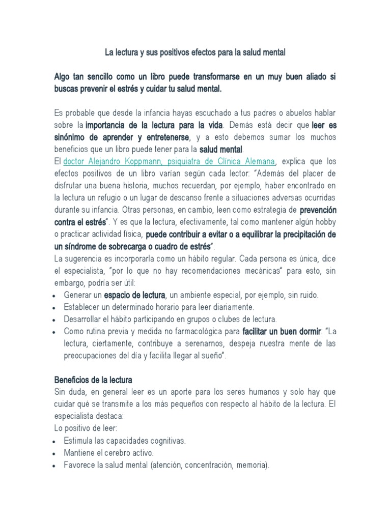 Lectura: Clave para la Salud Mental | PDF | Estrés (biología) | Las ...