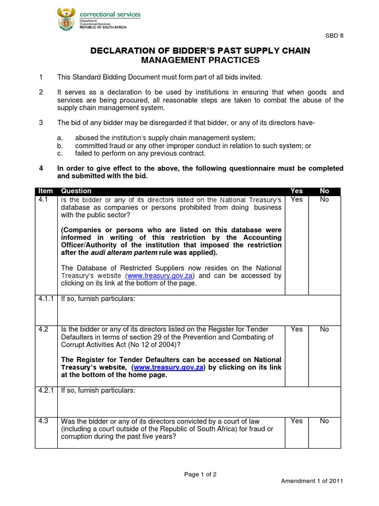 SBD 8: Bidder's Past Practices Declaration | PDF | Government | Business