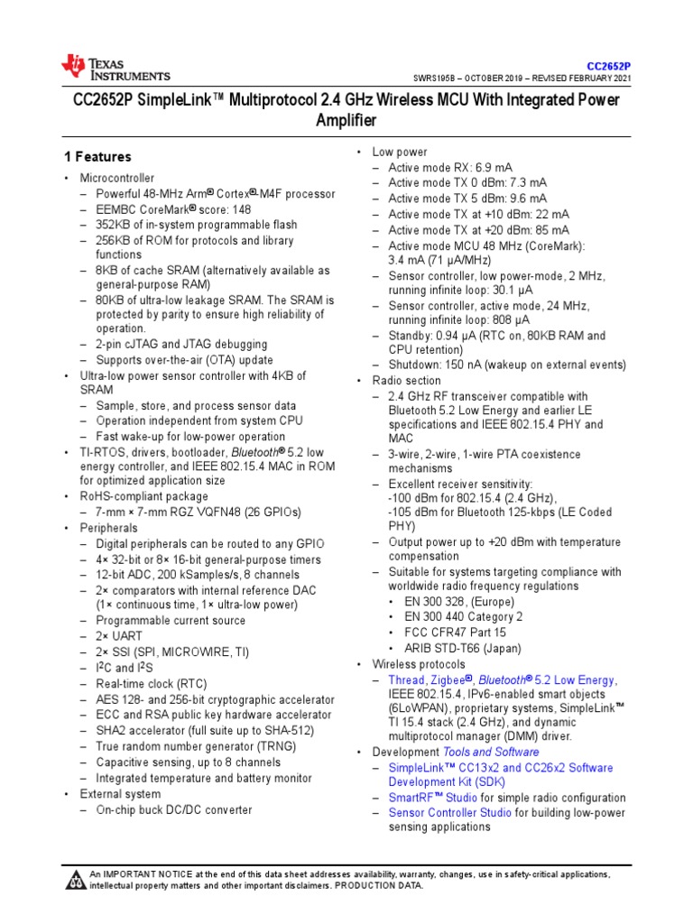 Cc2652P Simplelink™ Multiprotocol 2.4 GHZ Wireless Mcu With Integrated ...