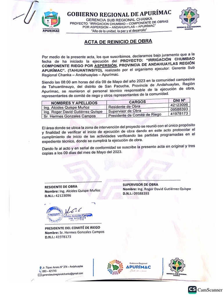 Acta de Reinicio de Obra | PDF