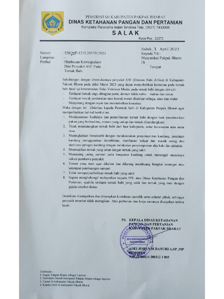 Himbauan Kewaspadaan Dini Penyakit ASF Pada Ternak Babi | PDF