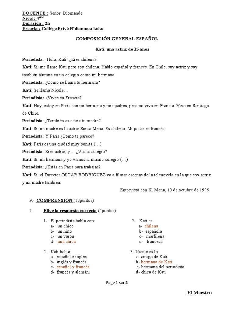 Sujet de Compo Générale 4ème Espagnol Correction | PDF | Idioma francés | Lengua española