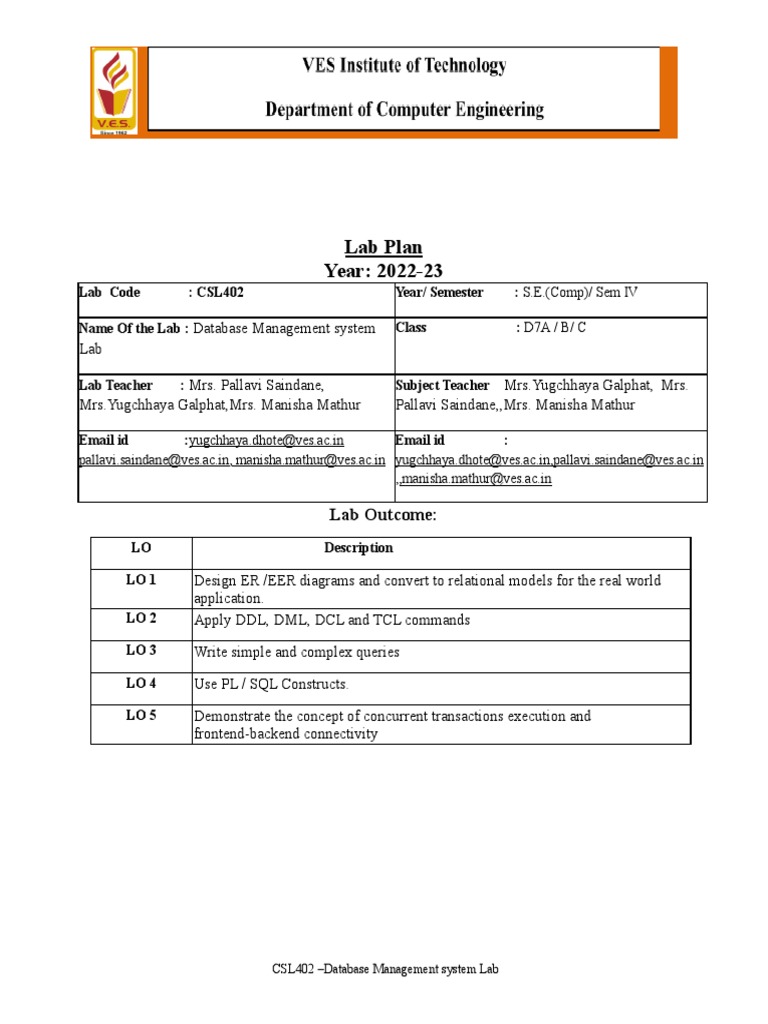 Dbms Lab Plan 2022-23-Se | PDF | Computer Science | Application Software