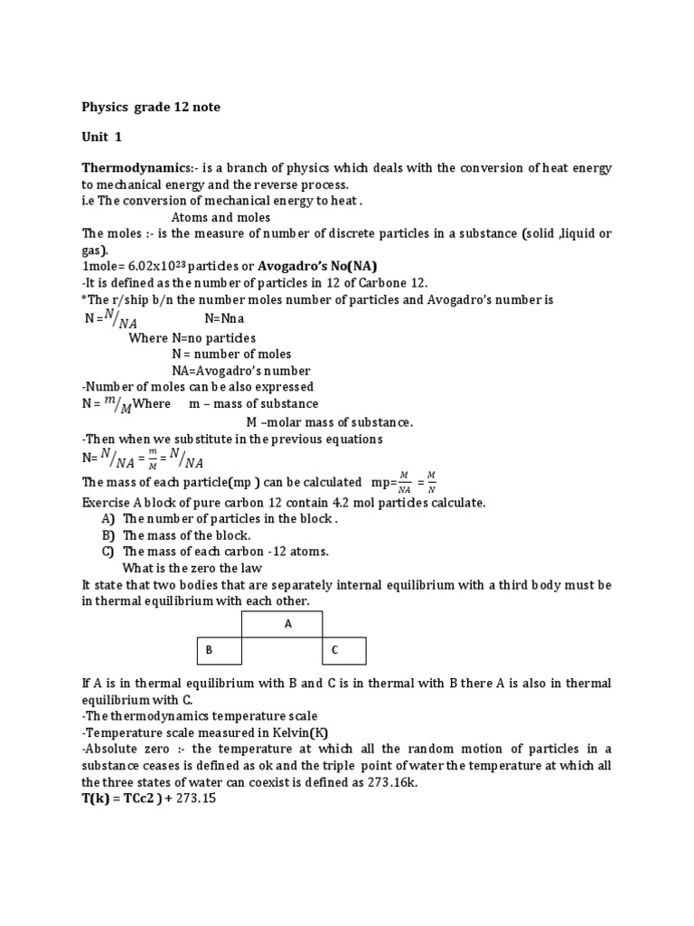 Physics Grade 12 Note Unit 1 Thermodynamics:-Is A Branch of Physics ...