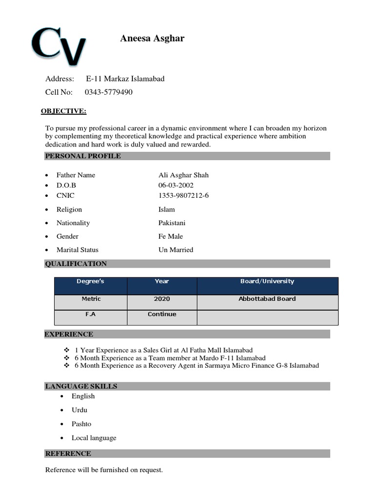 Aneesa Asghar New CV | PDF