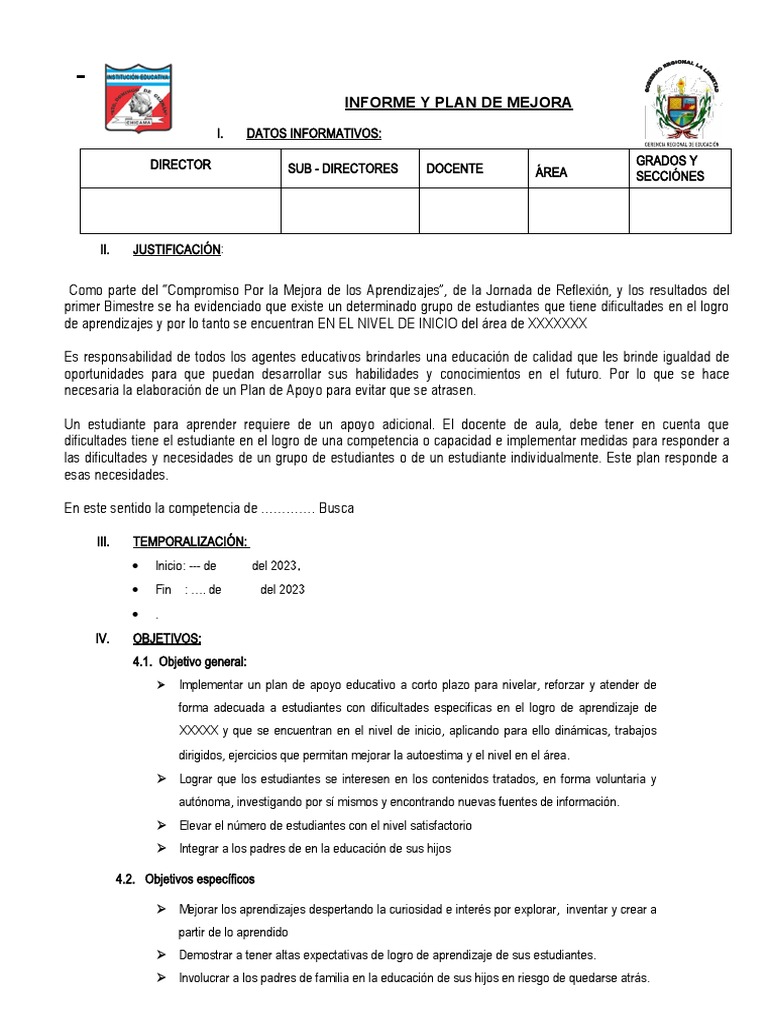 Modelo Informe y Plan de Mejora | PDF | Maestros | Ciencia cognitiva