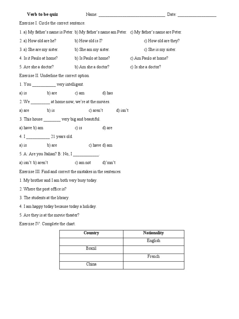 Verb To Be Quiz | PDF