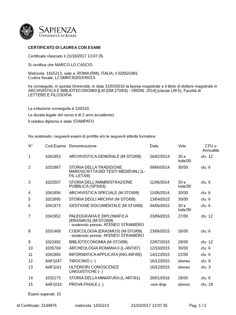 Certificato Laurea Magistrale | PDF