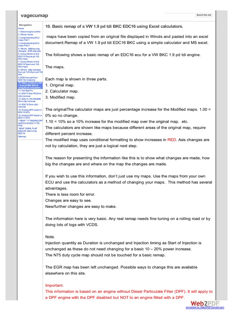 Basic Remap of A VW 1.9 PD Tdi BKC EDC16 Using Excel Calculators. | PDF ...