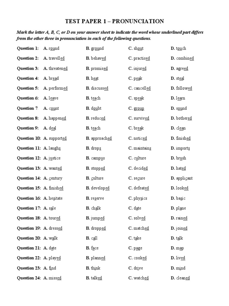 Test Paper 1 - Pronunciation | PDF