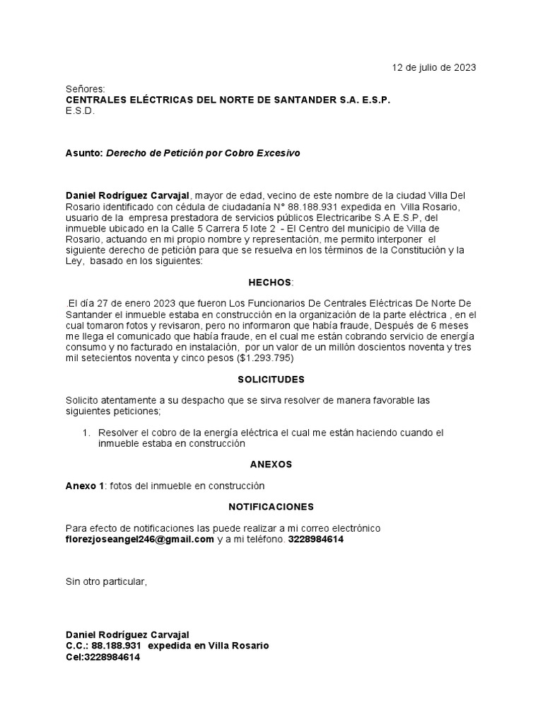 Derecho de Peticion Energias Electricas | PDF