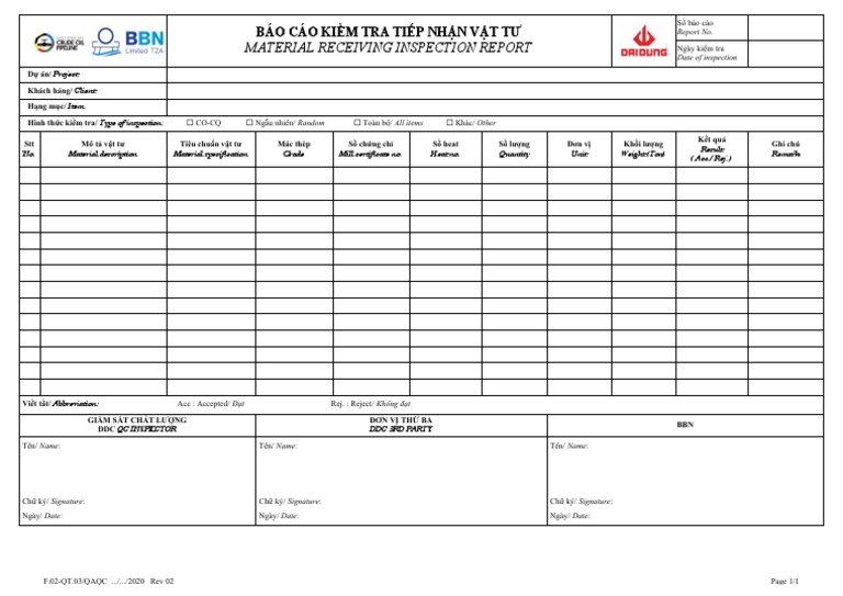 01..F.02-QT.03.QAQC - Material Receiving Inspection Report | PDF