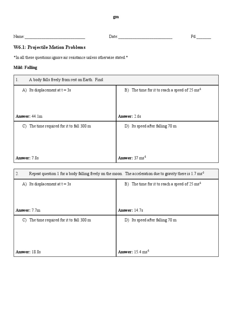 W6.1 - Projectile Motion Problems | PDF | Physical Quantities | Mechanical Engineering