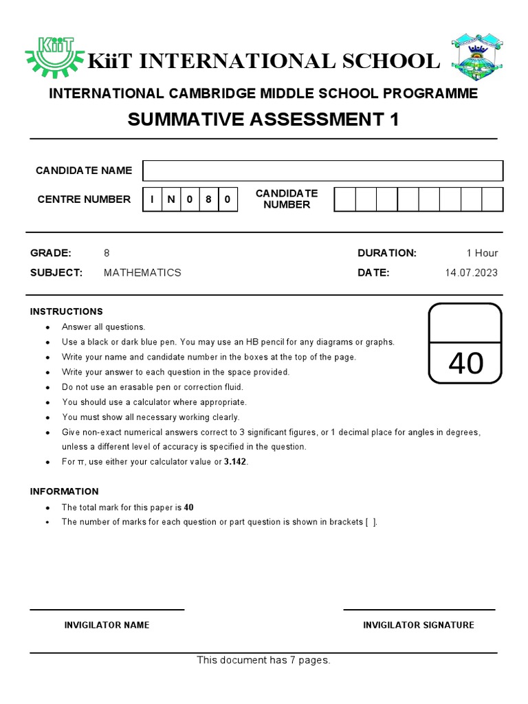 Grade 8 Maths Summative Assessment | PDF | Mathematical Concepts ...