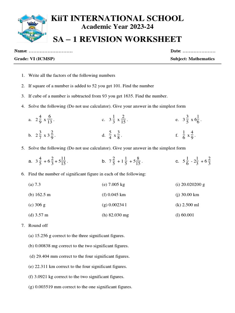 Sa - 1 - Revision Worksheet | PDF | Significant Figures | Mathematics