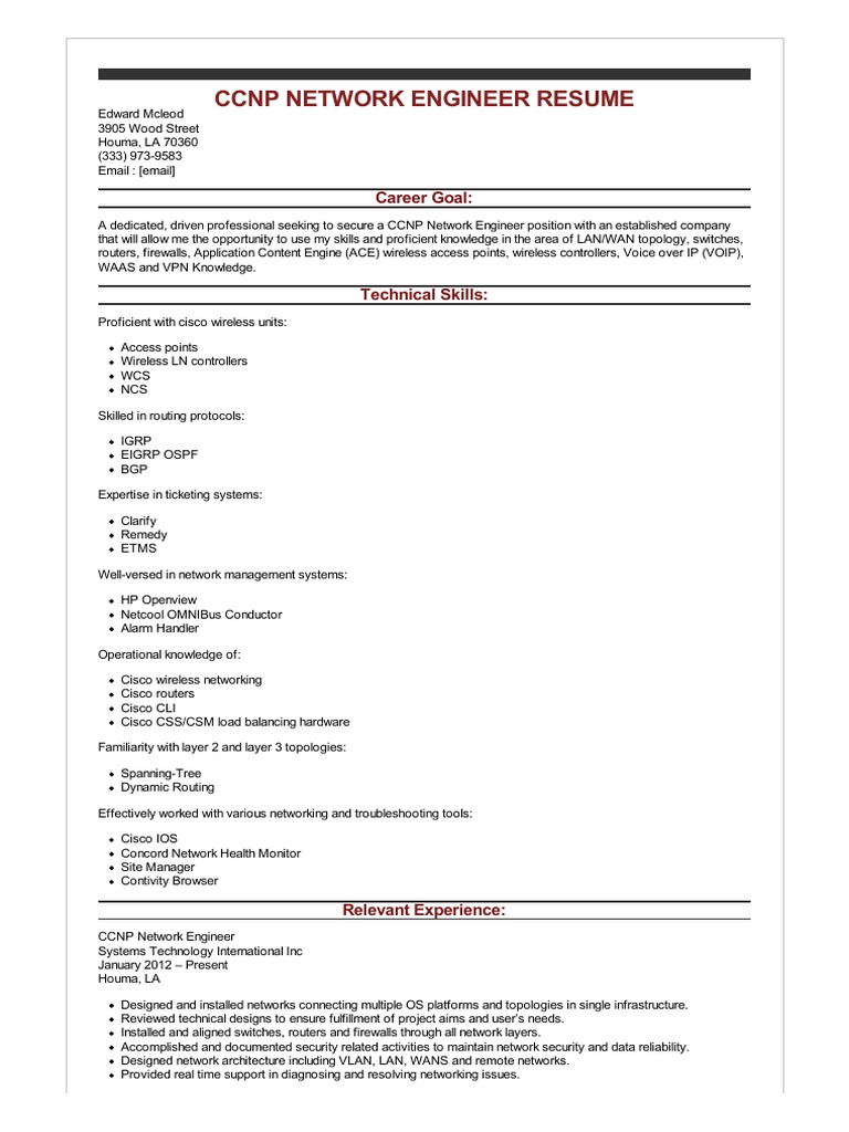 CCNP Network Engineer Resume Example | PDF | Computer Network | Router ...