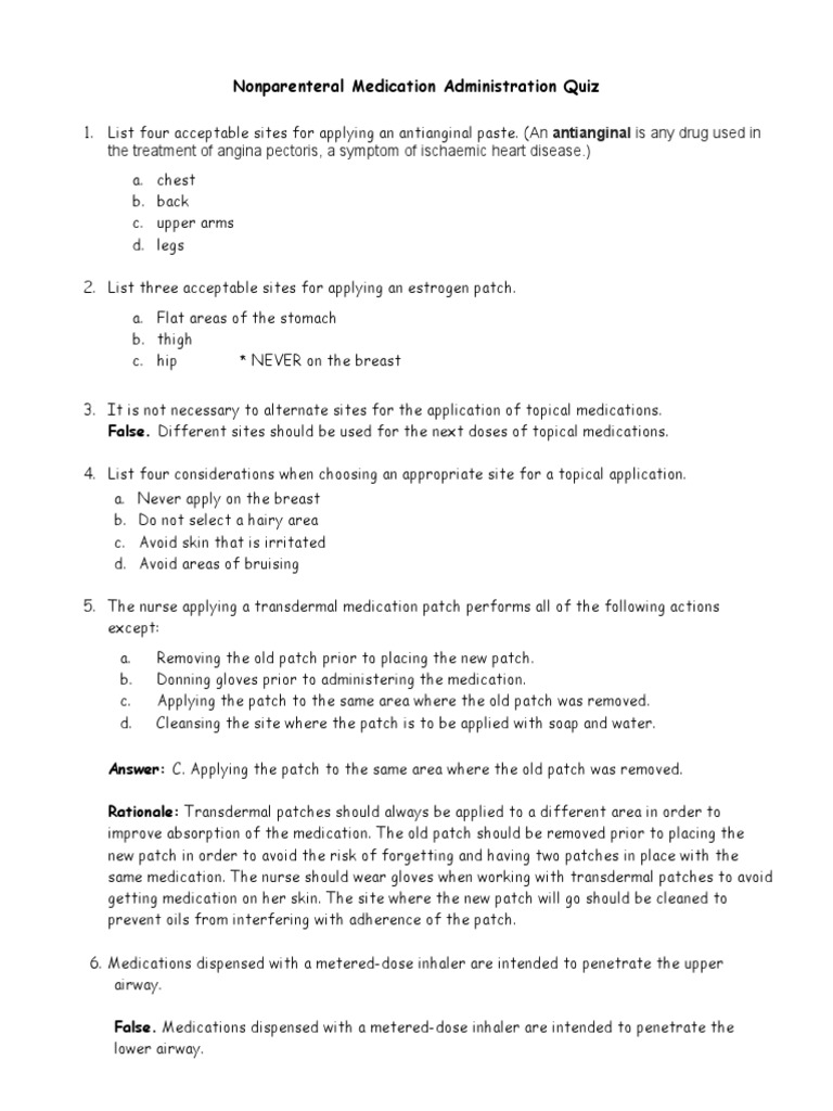 Non - Parenteral Medication Quiz Key (3) | PDF | Breathing | Hip