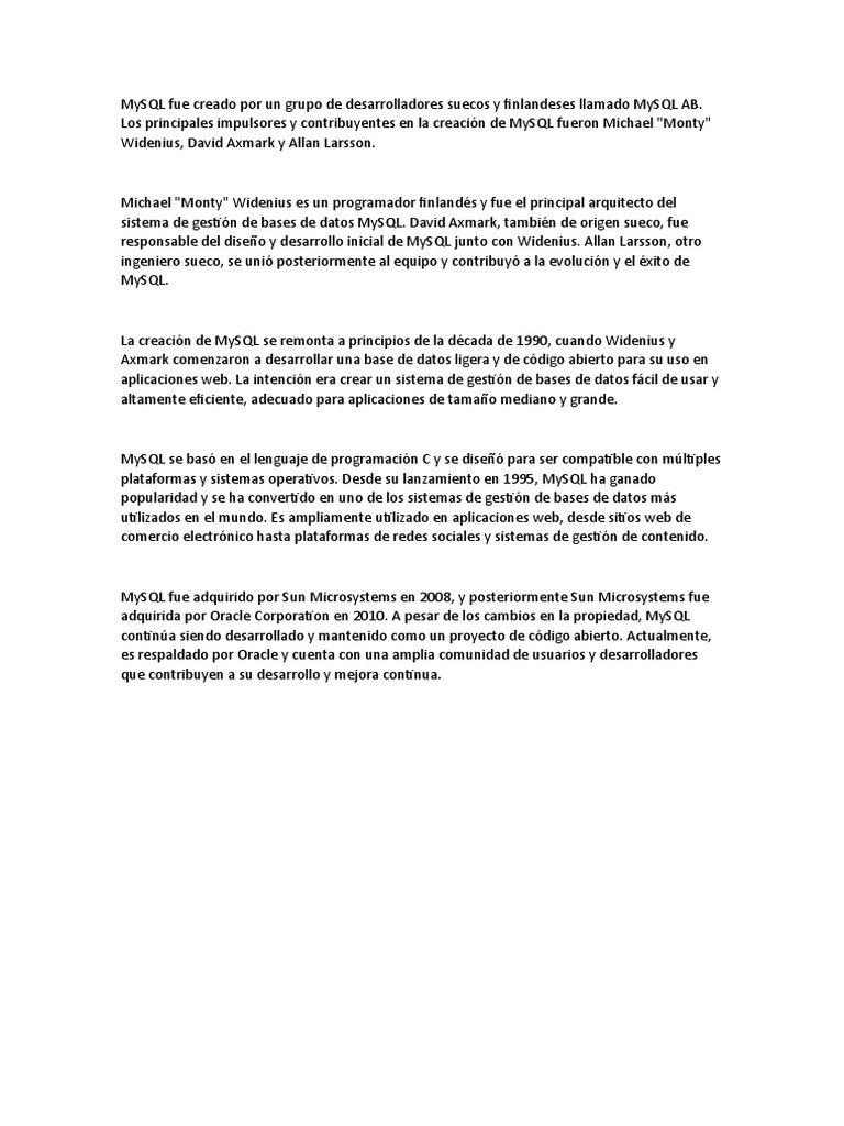 Orígenes y evolución de MySQL | PDF | Informática | Tecnología