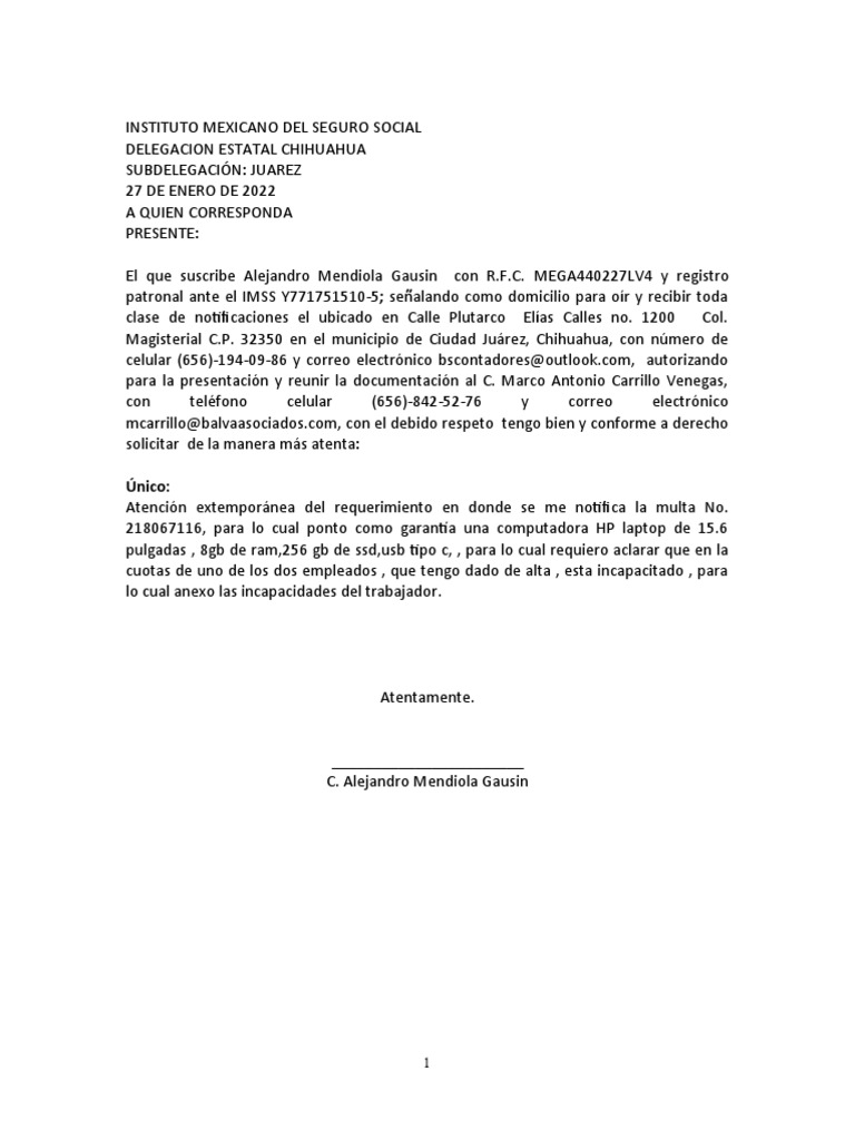 Escrito Libre Reactivacion Registro Patronal Alejandro Mendiola Gausin ...