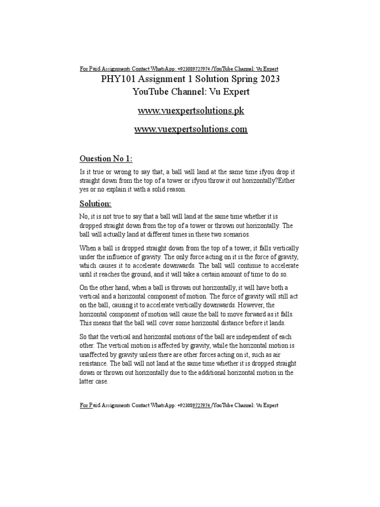 Phy101 Assign 1 Sol Spring 2023 Vu Expert Sol Pdf Force Acceleration