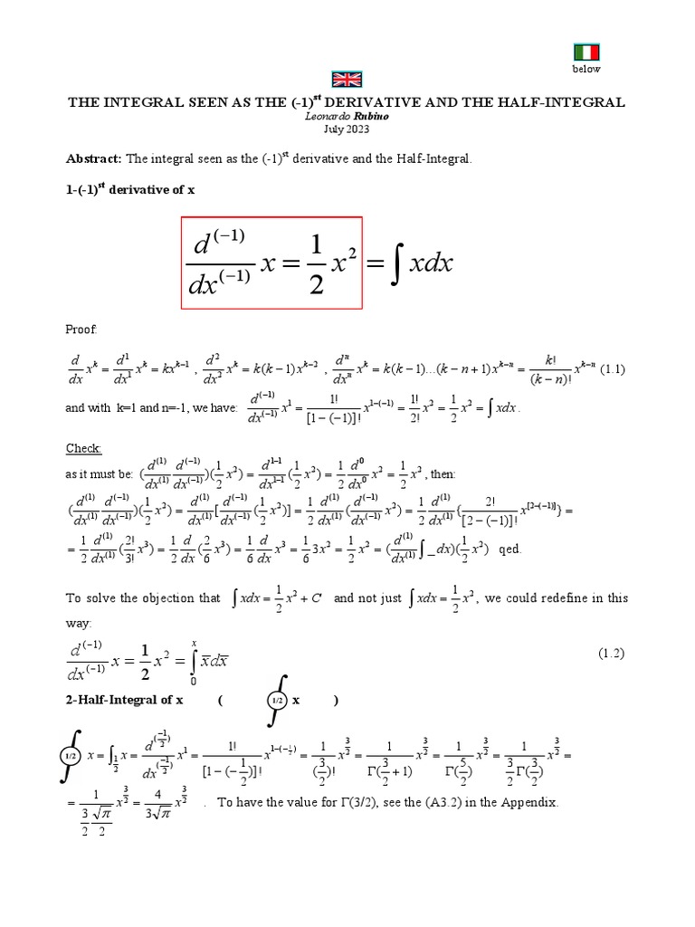 The Integral Seen As The (-1) ST Derivative and The Half-Integral-Eng+Ita | PDF | Mathematics ...