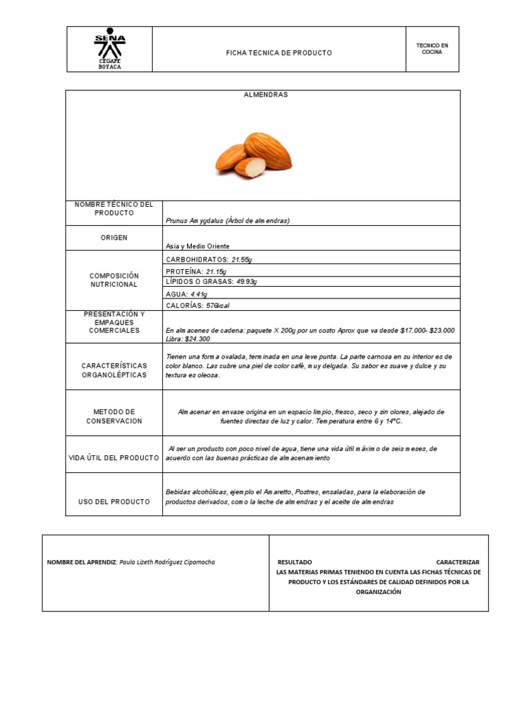 Ficha Tecnica de Almendra | PDF | Almendra | Conservación de los alimentos