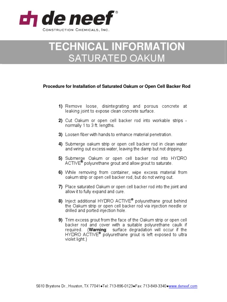 (0104) Technical Bulletin - Saturated Oakum or Open Cell Backer Rod | PDF