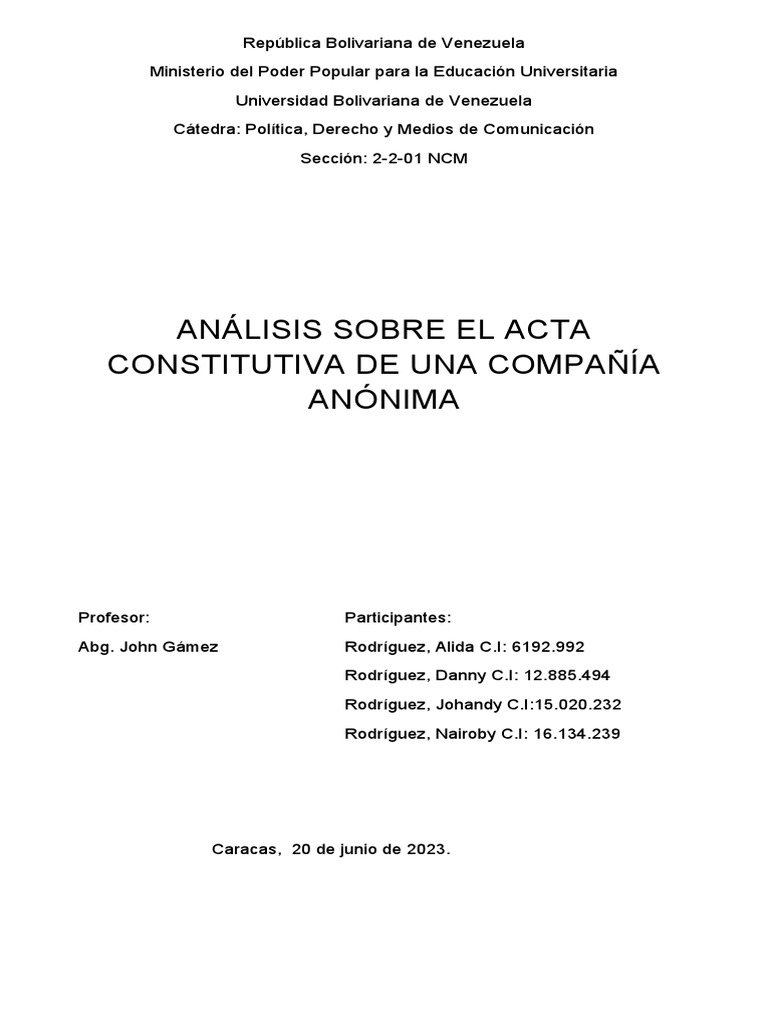Acta Constitutiva de Una Compañia Anónima | PDF | Dividendo | Compartir (Finanzas)