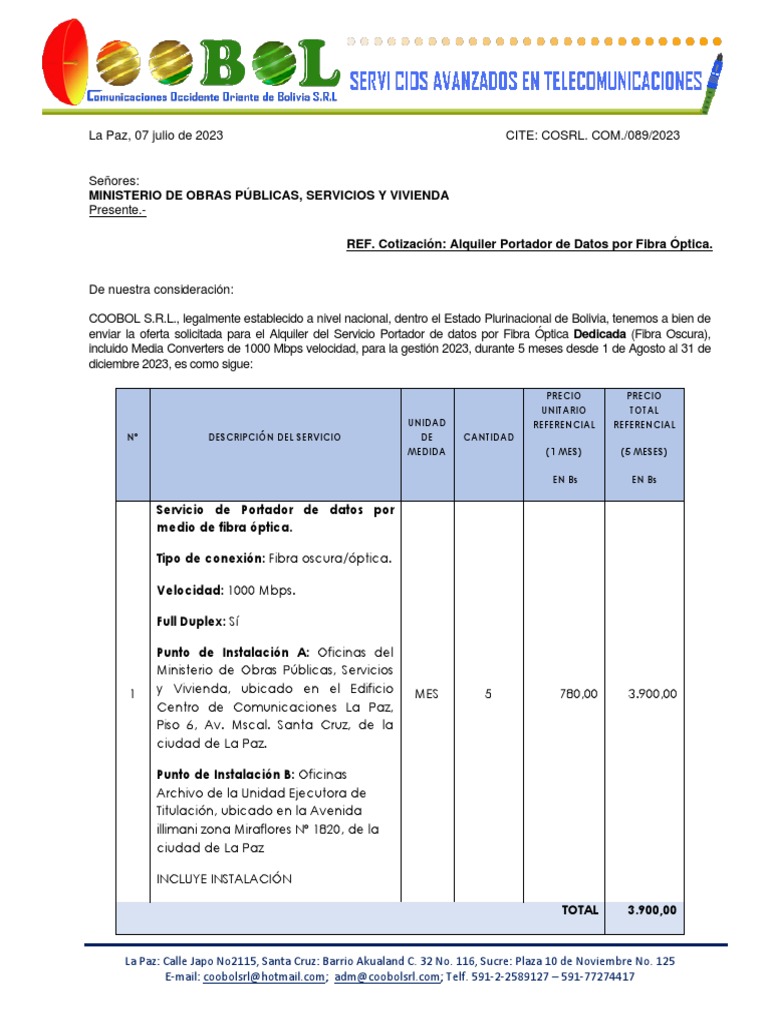 089 Cot. 4, MOPSV - Of. Av. Illimani | PDF | Fibra óptica | Telecomunicaciones