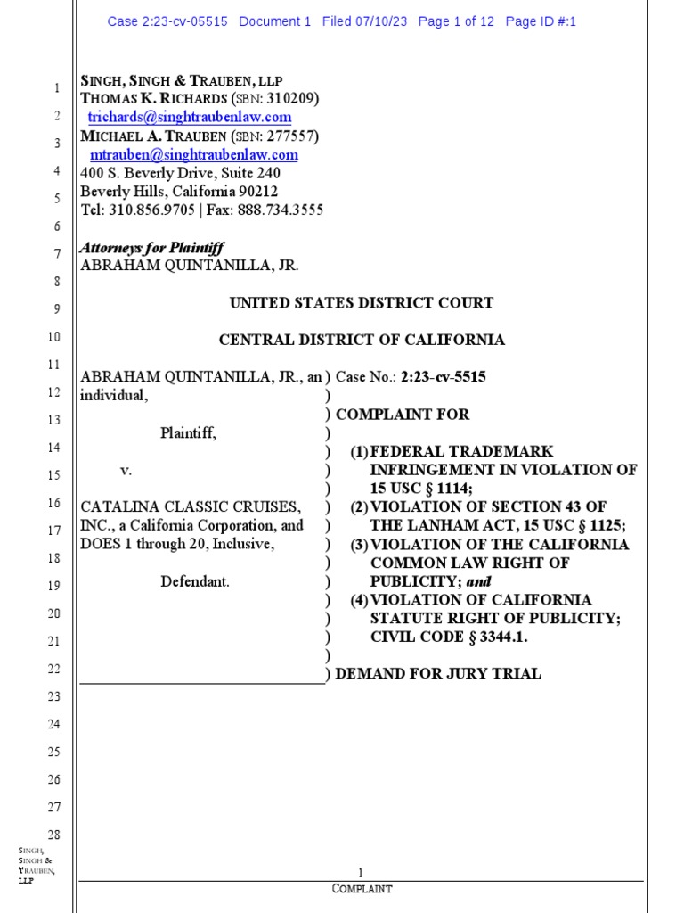 Lawsuit Against Catalina Classic Cruises | PDF | Trademark | Complaint