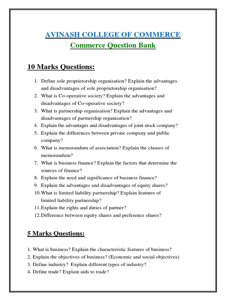 Commerce Question Bank | PDF | Partnership | Debits And Credits