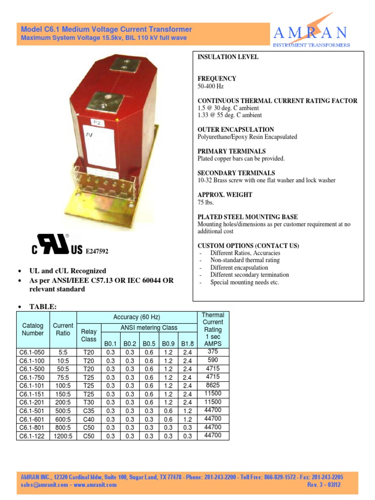 Model C6.1 Medium Voltage Current Transformer: Insulation Level | PDF ...