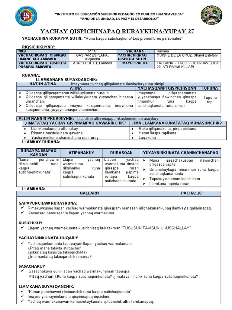 SESION COMU QUECHUA 5°PRONOMBRES PERSONALES | PDF