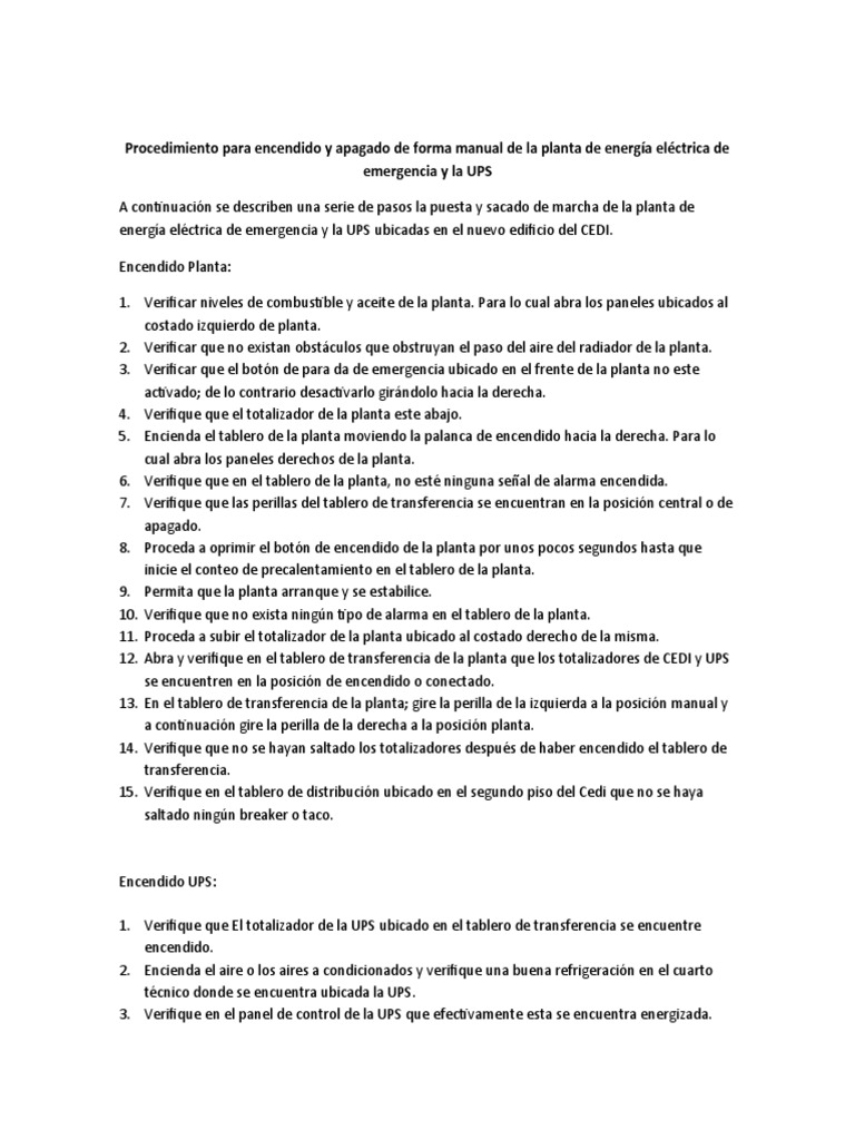 Procedimiento para Encendido y Apagado de Forma Manual de La Planta de Energía Eléctrica de ...
