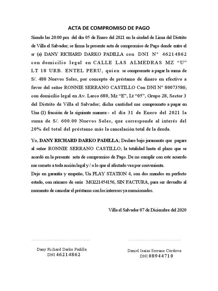 Acta de Compromiso de Pago | PDF