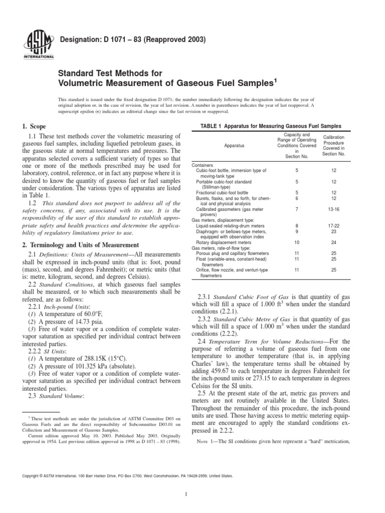 Volumetric Measurement of Gaseous Fuel Samples: Standard Test Methods ...