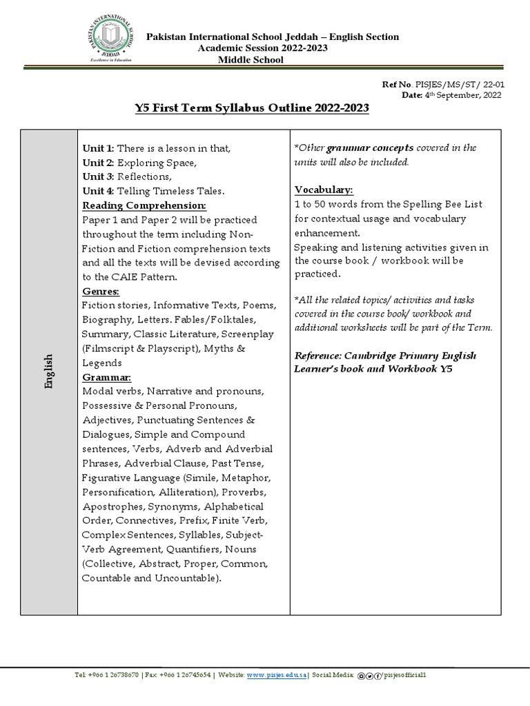 Y5 First Term Syllabus Outline 2022-2023 | PDF | Verb | English Language