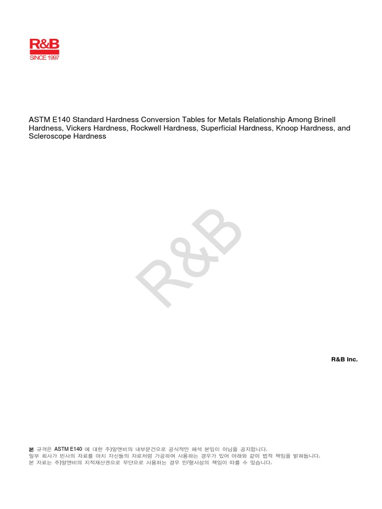ASTM E140 Hardness Conversion Tables 한글 | PDF