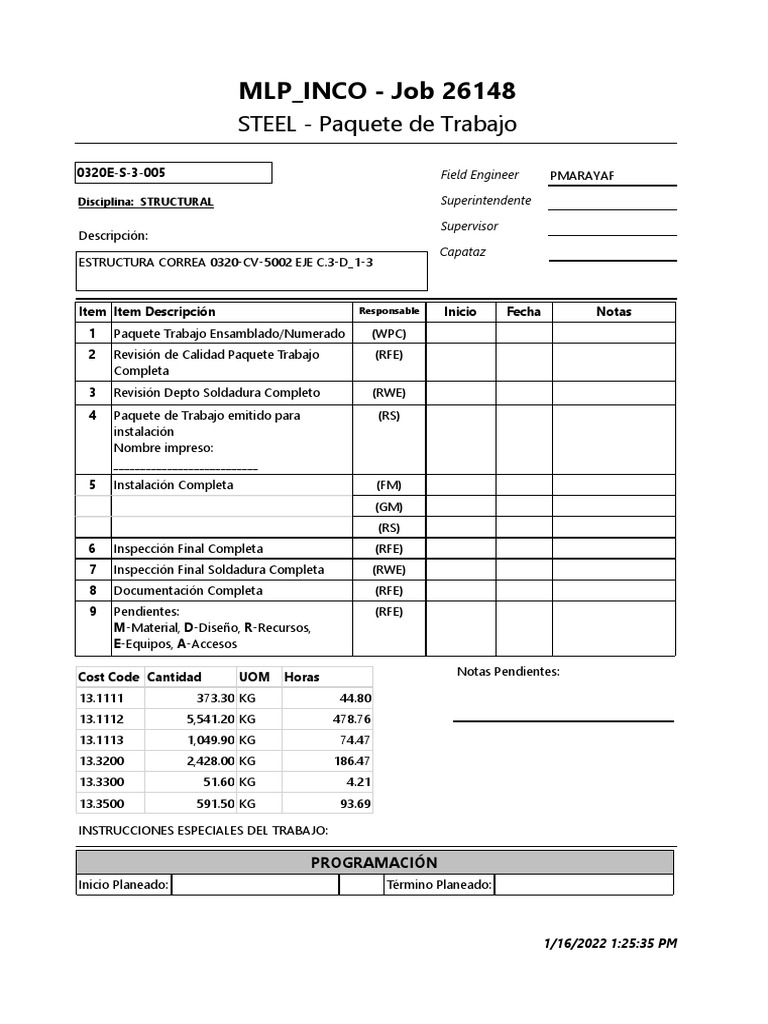 MLP - INCO - Job 26148: STEEL - Paquete de Trabajo | PDF | Hierro ...