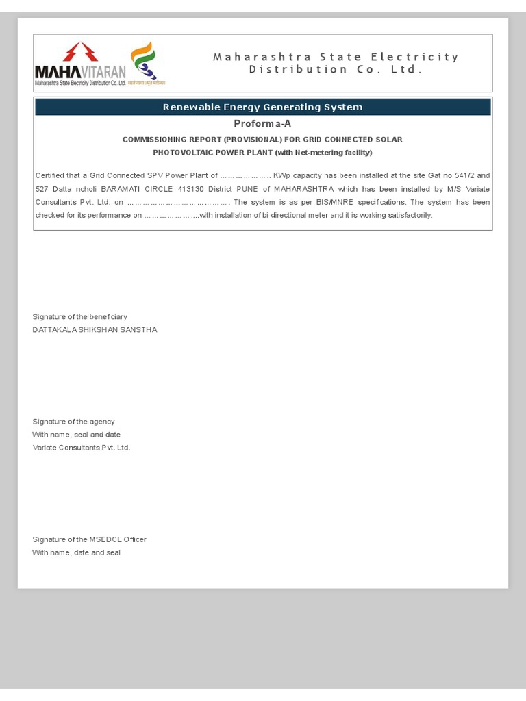 MSEDCL Solar Commissioning Report | PDF